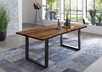 Junado Baumkantentisch 200x100 cm Indira, nussbaumfarbig, Esszimmertisch aus Akazie, Holz-Tisch mit schwarz lackierten Beinen