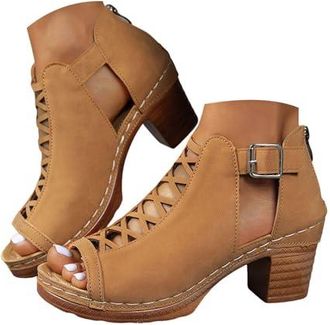 Generic Bottes d&eacute;t&eacute; &agrave; bout ouvert pour femme - Sandales &agrave; talons hauts - Boucle r&eacute;glable - Talons empil&eacute;s - Coupe large, marron, 37.5 EU