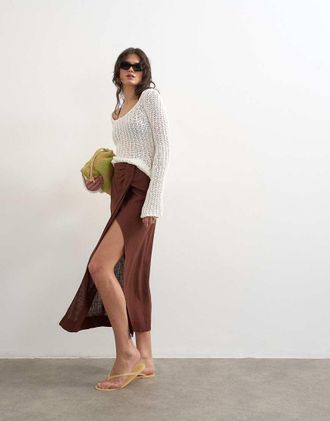 Topshop Jupe longue style par&eacute;o en lin - Marron