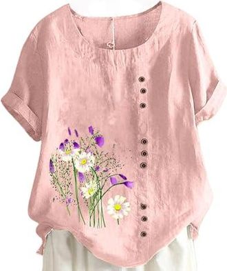 Generic Chemise d&eacute;contract&eacute;e en lin &agrave; manches courtes et col rond pour femme - Pull d&eacute;t&eacute; r&eacute;tro &agrave; manches roul&eacute;es - Haut &agrave; col rond, Rose., 3XL