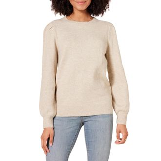 Amazon Essentials Damen Soft-Touch-Pullover mit plissierter Schulter und Rundhalsausschnitt, Beige, L