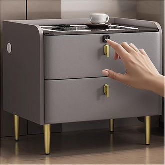 Generic Hellgrauer, Eleganter Nachttisch Mit 2 Schubladen, Moderner Nachttisch Mit Fingerabdruckschloss for Schlafzimmer Und Wohnzimmer, 45 cm Langer Beistell