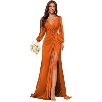 Generic Robes de demoiselle dhonneur en satin à manches longues et col en V avec fente, Grace 5, XXL