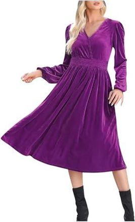 Generic Robe longue &agrave; manches longues de couleur unie pour femme - Style europ&eacute;en et quotidien - Col en V - Taille haute - Pour femme, violet, XXL