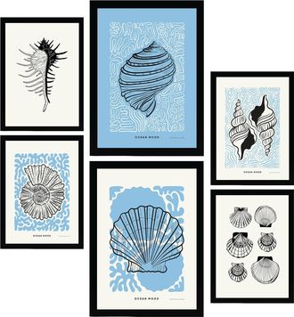 Nacnic Set mit 6 Postern in schwarzer Tinte. Runde Schalen. Kunstdrucke von Meer und Ozean für Innenarchitektur und Dekoration. A3 & A4 ohne Rahmen