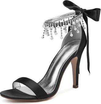 Generic Escarpins Femme Bout Ouvert Mariée Stylet Talons Btide Cheville Boucle Sandales Chaussures De Mariee Bal 10.5Cm,Noir,38 EU