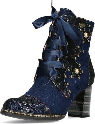 Laura Vita Bottines bleues à talon bloc et à lacets rubans et zip avec clous et perles - Taille numeric_41