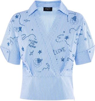 Nenette Femme, Blouses et Chemises, Bleu, Taille: 44 FR Blouse cache-coeur ray&eacute;e et brod&eacute;e