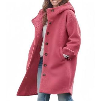 Generic Manteau dhiver long &agrave; boutonnage simple pour femme avec capuche en laine m&eacute;lang&eacute;e d&eacute;contract&eacute;e, rose rouge, XXL