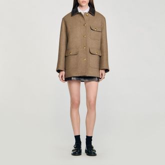 Sandro Manteau en tweed &agrave; col en cuir