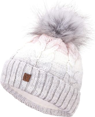 Faera Winterm&uuml;tze M&uuml;tze Damen warm gef&uuml;ttert mit Kunstfell Bommel-M&uuml;tze Fleecefutter Winter Strickm&uuml;tze Beanie, Farbe:Wei&szlig;