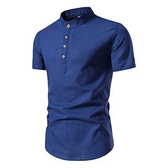 Generic V Shirts T-shirt am&eacute;ricain pour homme &agrave; col montant en coton et lin uni &agrave; manches courtes Produit le plus cher sur, Marine, 3XL