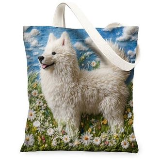 Generic Sac fourre-tout en toile motif chien samoy&egrave;de printanier 33 x 38,1 cm, sac d&eacute;picerie r&eacute;utilisable pour femme, sac d&eacute;picerie amusant pour animaux domes