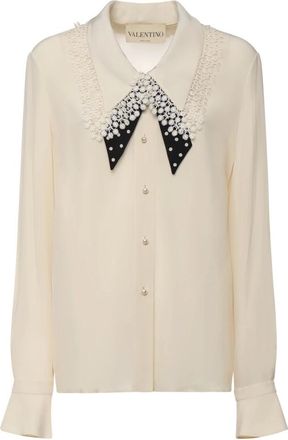 Valentino Garavani Femme, Blouses et Chemises, Beige, Taille: 36 FR Chemise en Soie et Dentelle avec Papillon