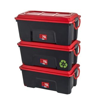 Sundis Locker, boite de rangement avec couvercle, en plastique recycl&eacute;, lot de 3, 75l, superposable et empilable, id&eacute;ale pour latelier, le transport, le gara