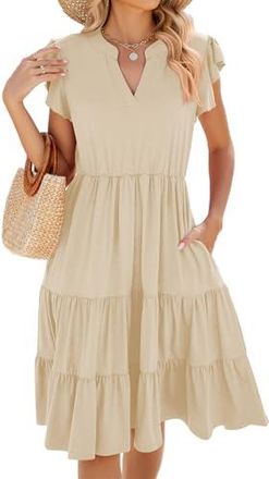 Generic Robe patchwork ample &agrave; manches courtes pour femme Printemps/&eacute;t&eacute; de couleur unie avec poches, abricot, XXL