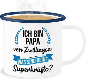 Shirtracer Emaille Becher Blechbecher - Geschenk zum Vatertag - Ich bin Papa von Zwillingen - was sind deine Superkräfte - 300 ml - Weiß Blau - vatertagsgeschenk