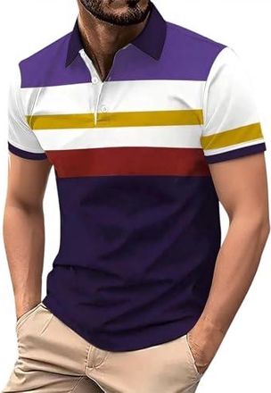 Generic Polo imprim&eacute; ray&eacute; pour homme &agrave; manches courtes et boutons - Pull tendance &agrave; col &agrave; revers - Confortable - Doux &agrave; porter - &Eacute;vacuation de lhumidit&eacute; - Hau