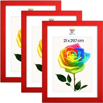 MG Design 3er Set Bilderrahmen A4 21 x 29,7 cm - Fotorahmen mit Rot Echtholzrahmen und bruchsicherem Acrylglas, Hoch & Quer zum Aufh&auml;ngen, zum Aufstellen