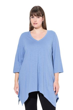 Ulla Popken Damen gro&szlig;e Gr&ouml;&szlig;en &Uuml;bergr&ouml;&szlig;en Plus Size Shirt, Zipfelsaum, V-Ausschnitt, 3/4-Arm, Biobaumwolle kornblumenblau 46+ 808082710-46+