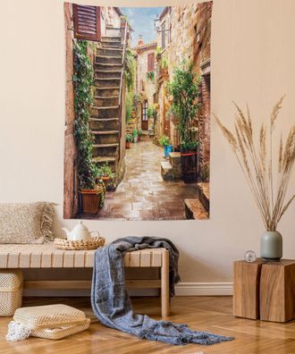 Abakuhaus Italien Wandteppich und Tagesdecke, Old Stone Street Häuser aus Weiches Mikrofaser Stoff Waschbar ohne Verblassen Digitaldruck, 140 x 230 cm,Grün Tan