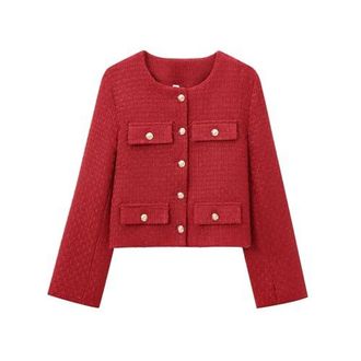 Generic Veste &eacute;l&eacute;gante &agrave; col rond for femme, manteau de style tweed &agrave; manches longues avec bordure tiss&eacute;e, blazer tricot&eacute; polyvalent for le bureau et le quoti