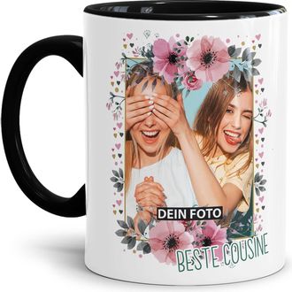 Tassendruck Keramik Tasse - Beste Cousine - mit Foto selbst gestalten - Geschenk für die beste Cousine, Geburtstag, Weihnachten I Personalisiert, Schwarz, 300 ml