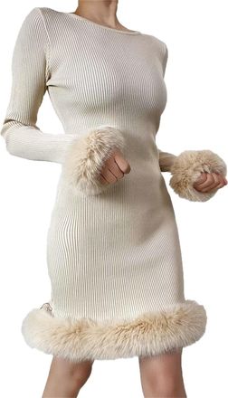 Generic Damen Pelz Trim Langarm Strick Bodycon Mini Kleid Rundhals Pelz Saum Schlanke Mini Pullover Kleider
