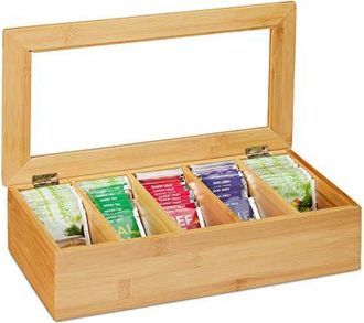 Relaxdays Teebox, 5 Fächer, Bambus, Teekiste mit Sichtfenster, Teebeutel, Kaffeepads, Teekasten HxBxT: 9x37x20 cm, natur, 10032168, Hellbraun