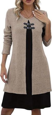 Generic Robe en tricot pour femme 2 en 1 - Style d&eacute;contract&eacute; - Manches longues - Col rond - Avec double boucle - Patchwork A-Line - Midi, kaki, 3XL