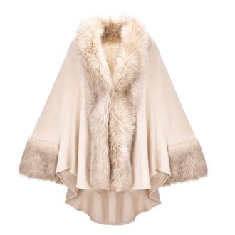ZLYC Damen Winter Kunstpelz Poncho Cape Warm Umhang Faux Fur Kragen M&auml;ntel Strickjacke(Wei&szlig;)