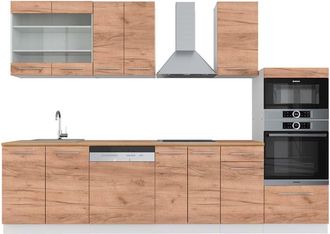 Vicco Küchenzeile Fame-Line, Goldkraft Eiche/Weiß, 300 cm mit Hochschrank, AP Eiche