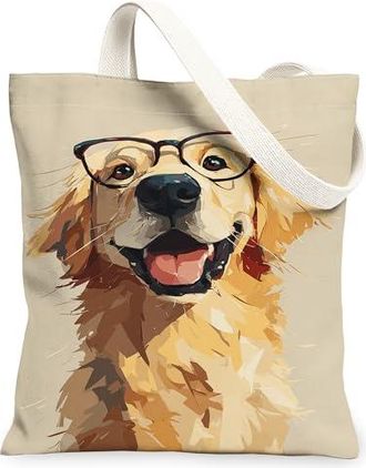 Generic Sac fourre-tout en toile Golden Retriever, illustration de chien joyeux, l&eacute;ger, lavable et r&eacute;utilisable pour l&eacute;t&eacute; et lext&eacute;rieur, beige, 13x15 Inch