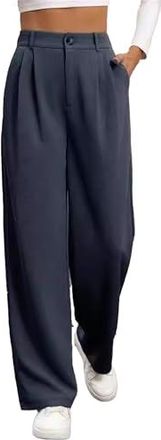 Generic 2025 Printemps Automne Femmes Taille Moyenne Plissée Jambe Large Pantalon Mode Ample Polyvalent Mince Commuter Pantalon Décontracté, navy color, M