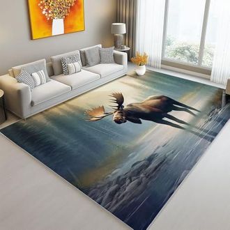 Generic Tapis Imprim&eacute; Paysage Pastoral Cerfs Brume pour Salon Chambre D&eacute;coration de la Maison - Couleur Claire Flanelle Antid&eacute;rapante Tapis Salon de Sol paill