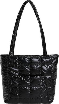 Generic Sac à poignée supérieure femme, sac bandoulière rembourré en coton uni avec poche avant, sac shopping léger tendance pour automne-hiver (noir)