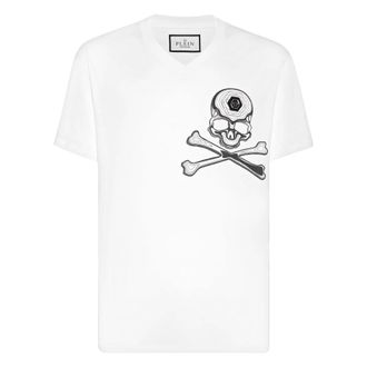 Philipp Plein Homme, Tops, Blanc, Taille: 4XL T-shirt V Neck Skull&Bones