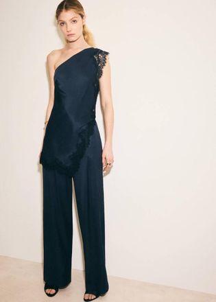 Mango Pantalon droit satin&eacute; bleu - Femme - S - MANGO