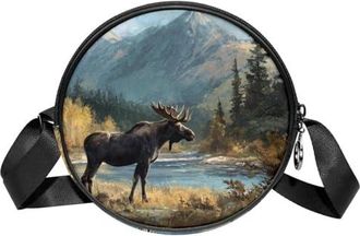 Generic Majestic Moose Petit sac &agrave; bandouli&egrave;re rond avec fermeture &eacute;clair et bretelles r&eacute;glables pour femme et fille