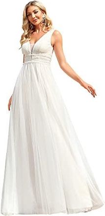Ever-pretty Robe de Mariée Femme Longue Tulle Élégante Col V Profond sans Manches pour Maiage Bohême Ivoire 34