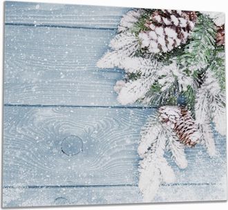 Wallario Herdabdeckplatte/Spritzschutz aus Glas, 1-teilig, 60x52cm, f&uuml;r Ceran- und Induktionsherde, Verschneite Tannenzweige auf Holz - Winterdekoration