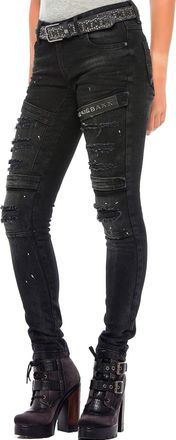 Cipo & Baxx Damen Jeans WD383 Schwarz - Slim Fit Skinny Jeans Hose - R&ouml;hrenjeans im coolen Biker-Look, Atemberaubender Casual Look, Angenehmes Gef&uuml;hl - WD383 Schw