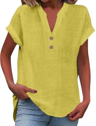 Generic Chemisier d&eacute;t&eacute; d&eacute;contract&eacute; &agrave; manches courtes pour femme avec boutons et col en V respirant et l&eacute;ger pour le travail quotidien, les vacances, jaune, XX