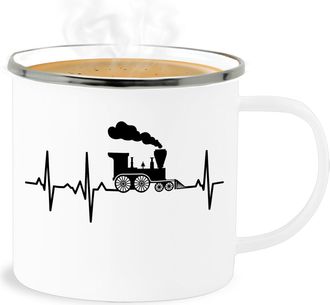 Shirtracer Emaille Becher Blechbecher - Deko Tasse Hobby - Dampflok Herzschlag I Dampflokomotive Geschenk Eisenbahner Eisenbahnliebhaber - 300 ml - Weiß Silber -