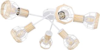 ETC Shop Decken Lampe Metall Leuchte Weiß Holz Bast Schirm Retro Design Beleuchtung