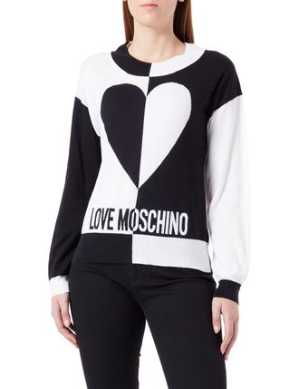 Love Moschino Long-Sleeved Roundneck Pullover in 100% Cotton, 14 Gauge, with Bicolor Intarsia and Seasonal Heart Pure Intarsia