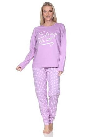 Normann Pyjama &agrave; manches longues pour femme avec pantalon de pyjama &agrave; pois et imprim&eacute; sur le devant, lilas, 38-40