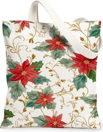 Generic Sacs fourre-tout en toile de poinsettia de No&euml;l, motif floral, r&eacute;utilisables, sacs d&eacute;picerie, vintage lavable, toile pour voyage, pique-nique, 33 x 38
