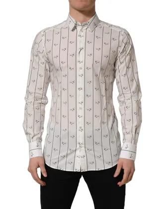 Dolce & Gabbana Mens White Bee Print Cotton Gold Fit Dress Shirt