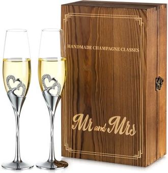 Nuptio Fl&ucirc;tes &agrave; Champagne Mariage: Fl&ucirc;te &agrave; Champagne Personnalis&eacute;e Coffret Cadeau en Bois Cristal Prosecco Verre Ensemble de 2, Ensemble Cadeau Argent Toast 